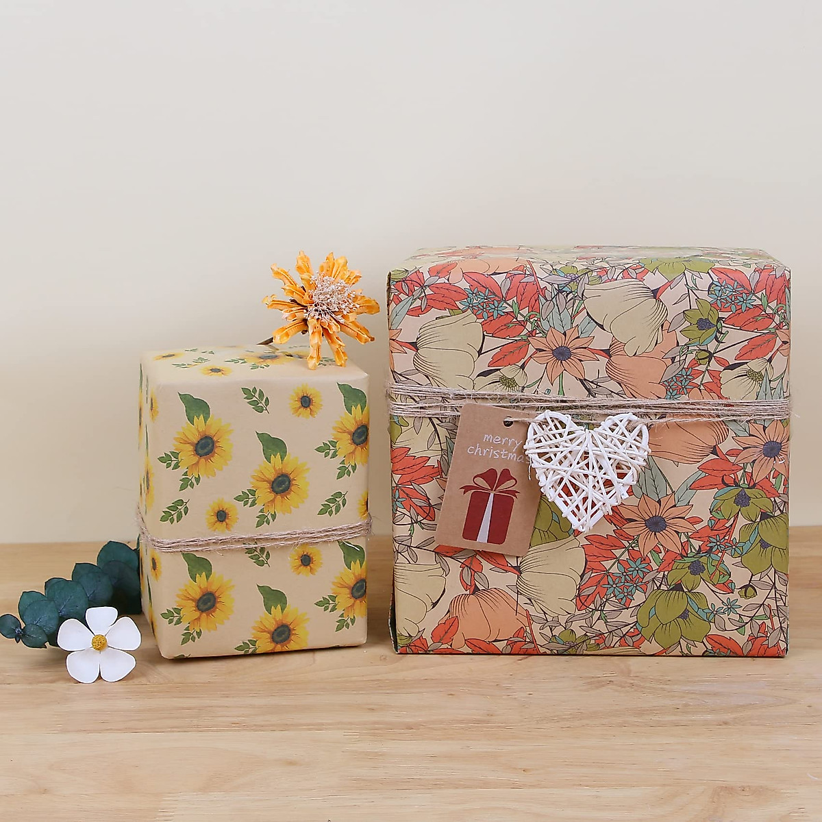 Aimyoo Kraft Floral Wrapping Paper Bundle, Vintage Flowers Sunflower Gift Wrap Paper for Wedding Bridal Shower Birthday, 3 Rolls 17 in x 12 ft per Roll