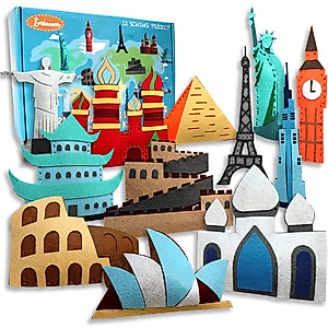 i-daum Sewing Kit for Kids - Worldwide Landmarks Craft kit w. World map, Information Cards, Educational Arts & Crafts Gift for Boys and Girls Ages 8-12, DIY Kid Felt Sewing Project Includes 37 Items