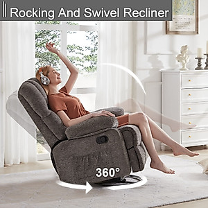 Dreamsir Oversized Rocker Recliner Chair for Adults, Ergonomic Glider 360 Degree Swivel Chair, Overstuffed Manual Rocking Recliner for Living Room, Theater Seating Single Sofa Chair, Grey