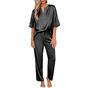 Ekouaer Women's Silk Pajama Short Sleeve Nightwear Satin V Neck Sleepwear Soft Long Pant Silky Sleep Set Black