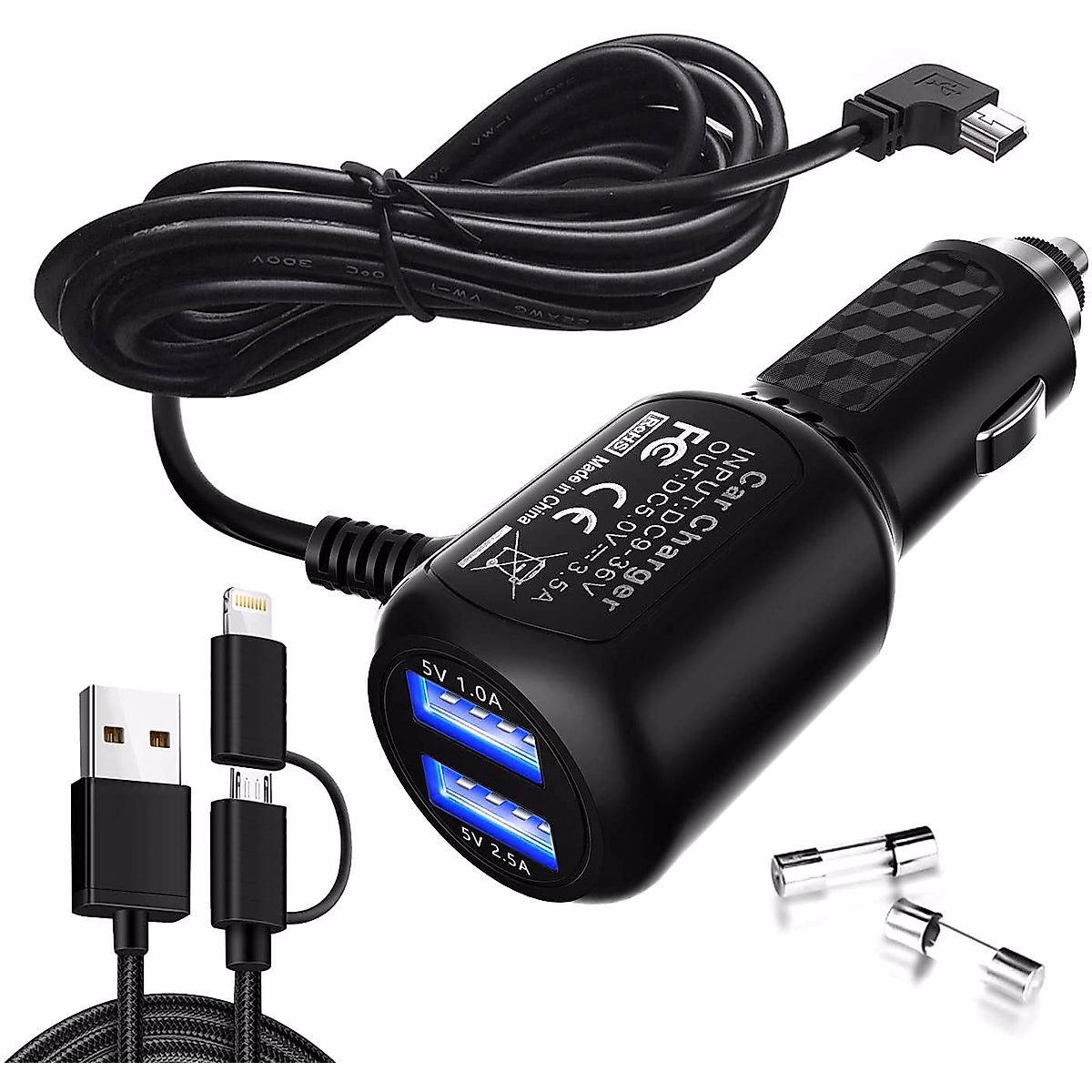 Car Charger for Garmin Nuvi, Garmin GPS Charger Cable,Mini USB Power Cord Cable Dual Port USB Vehicle Power Charging Cable Cord for Garmin Nuvi C255 Dashcam