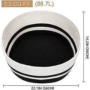 Blanket Basket for Living Room Large Cotton Rope Basket 21.7" x 21.7" x 13.8" Woven Laundry Basket Toy Storage Bins Black and White