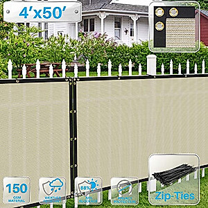 Patio 4' x 50' Fence Privacy Screen Beige Commercial Grade Heavy Duty Outdoor Backyard Shade Windscreen Mesh Fabric with Brass Gromment with Zipties