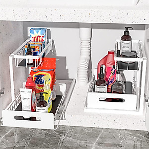 KINGPOUL Under Sink Organizers-2-Tier Heavy Duty Metal Slide Out Pull Out Drawers L-Shape Under Cabinet Storage Around Plumbing, for Under Kitchen Bathroom Sink Organizers and Storage(White)