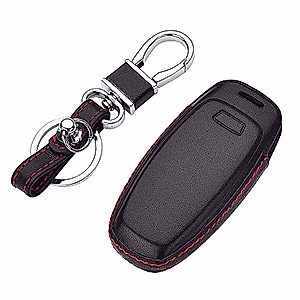 Royalfox 3 Buttons genuine leather smart keyless entry Remote Key Fob case Cover with Keychain for 2019 2020 2021 Audi A6 A6L A7 A8 (black)