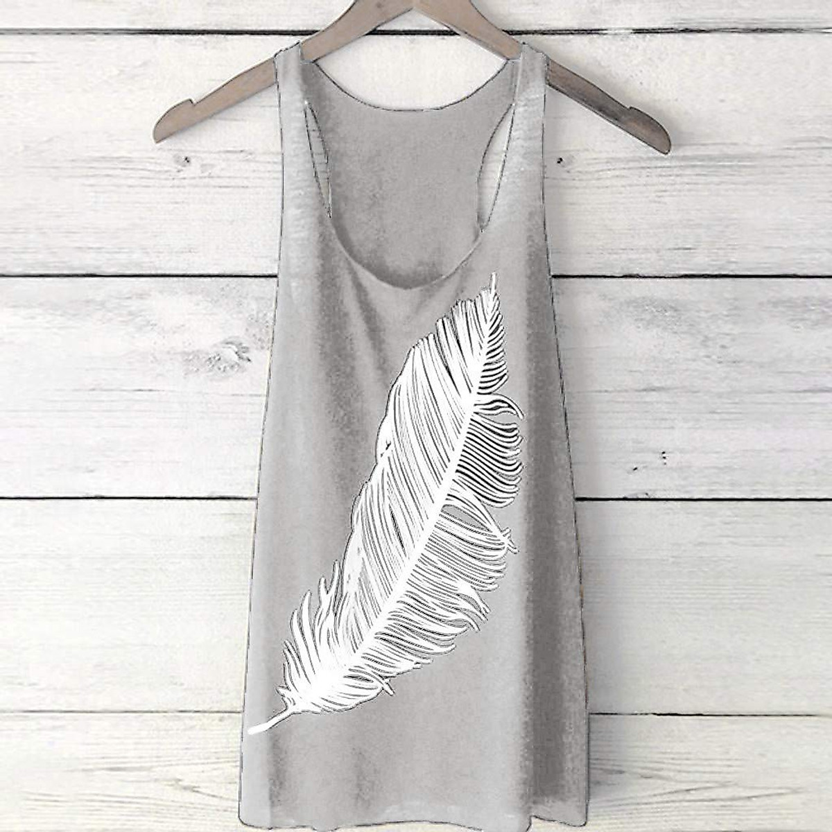 BODOAO Women's Feather Print Long Vest Sleeveless Shirt Fashion Loose Tank Tops Basic Tee