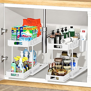 POJORY 2 Pack Double Sliding Under Sink Organizers and Storage,2-Tier Pull Out Under Sink Organizer with Hooks and Hanging Cup,Multi-Purpose Cabinet Organizer for Bathroom Kitchen, White