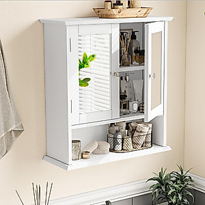 Mino Kesper Bathroom Wall Cabinet with Mirror, White Bathroom Cabinet with 2 Doors and Adjustable Shelf, Wall Mounted, 21.5" W x 7.8" D x 23.6" H