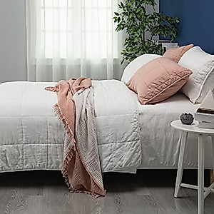 meadow park Stonewashed Linen Blend Box Stitch Quilt and Matching Pillow Shams 3pcs Set, King Size, White Color