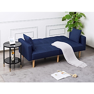 LCH Modern Tuft Futon Couch Convertible Loveseat Reclining Twin Size with Arms and 2 Pillows for Living Room, Navy Blue, Sleeper Sofa Bed 2