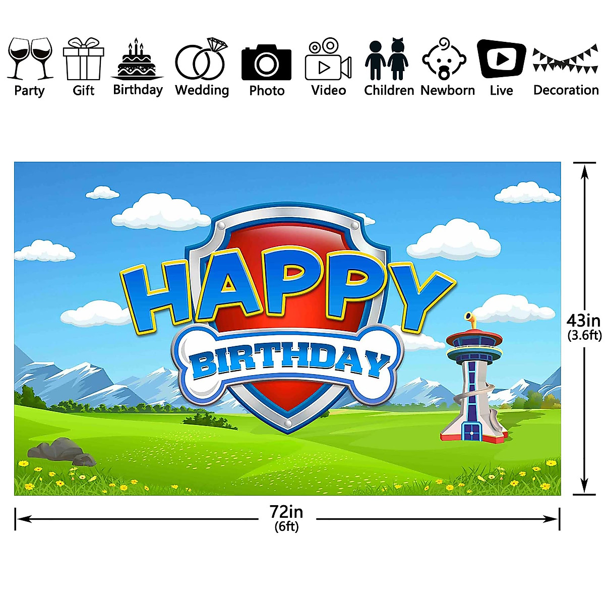 Yriujul 72x43inch Dog Paw Birthday Backdrop for Boy Girls Puppy Blue Sky Grass Photography Background Banner Baby Shower Party Decorations Photo Booth Props