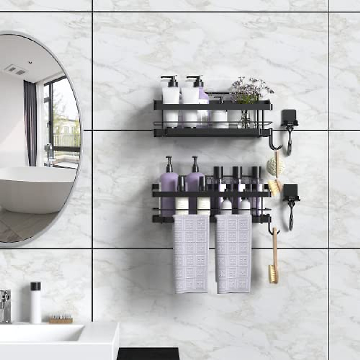 Sinminou Adhesive Shower Caddy With 5 Hooks & 2 Tower Hanger, Rustproof SUS304 Stainless Steel Shower Shelf Basket, Wall Mounted No Drilling Shower Organizer Shampoo Holder - 2 Pack (Black)