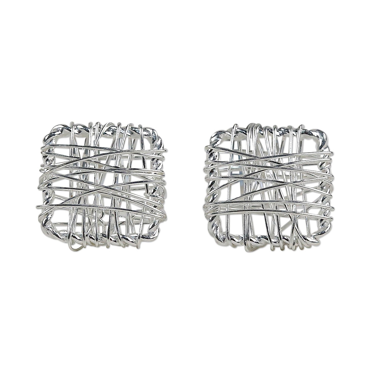 NOVICA Artisan Sterling Silver Stud Earrings Wrap Square Made Thailand No Stone Geometric [0.3 in L x 0.3 in W] ' Crisscross Square'