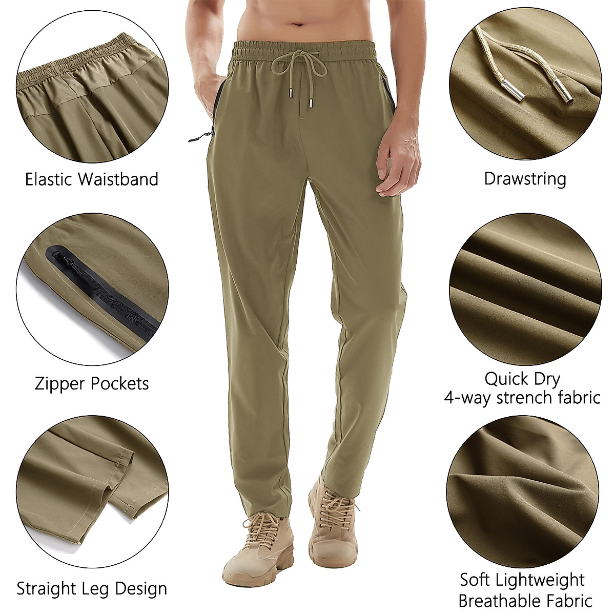 Men's Lightweight Quick Dry Hiking Running Pants Outdoor Sports Breathable Zipper Pockets Athletic Work Pants Khaki L