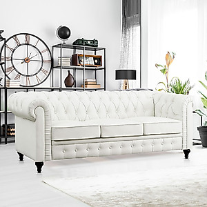 Naomi Home Emery Chesterfield Sofa with Rolled Arms, Tufted Cushions / 3 Seater Sectional Sofa Couch for Small Spaces, Living Room, Bedroom, Apartment Easy Tool-Free Assembly – Off White