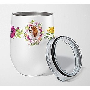 Caroline's Treasures CK4126TBL12 Cavalier King Charles Spaniel Pink Flowers Stainless Steel 12 oz Stemless Wine Glass Insulated Wine Tumbler with Lid, Cute Travel Cup for Coffee, Cocktails, Gift Women