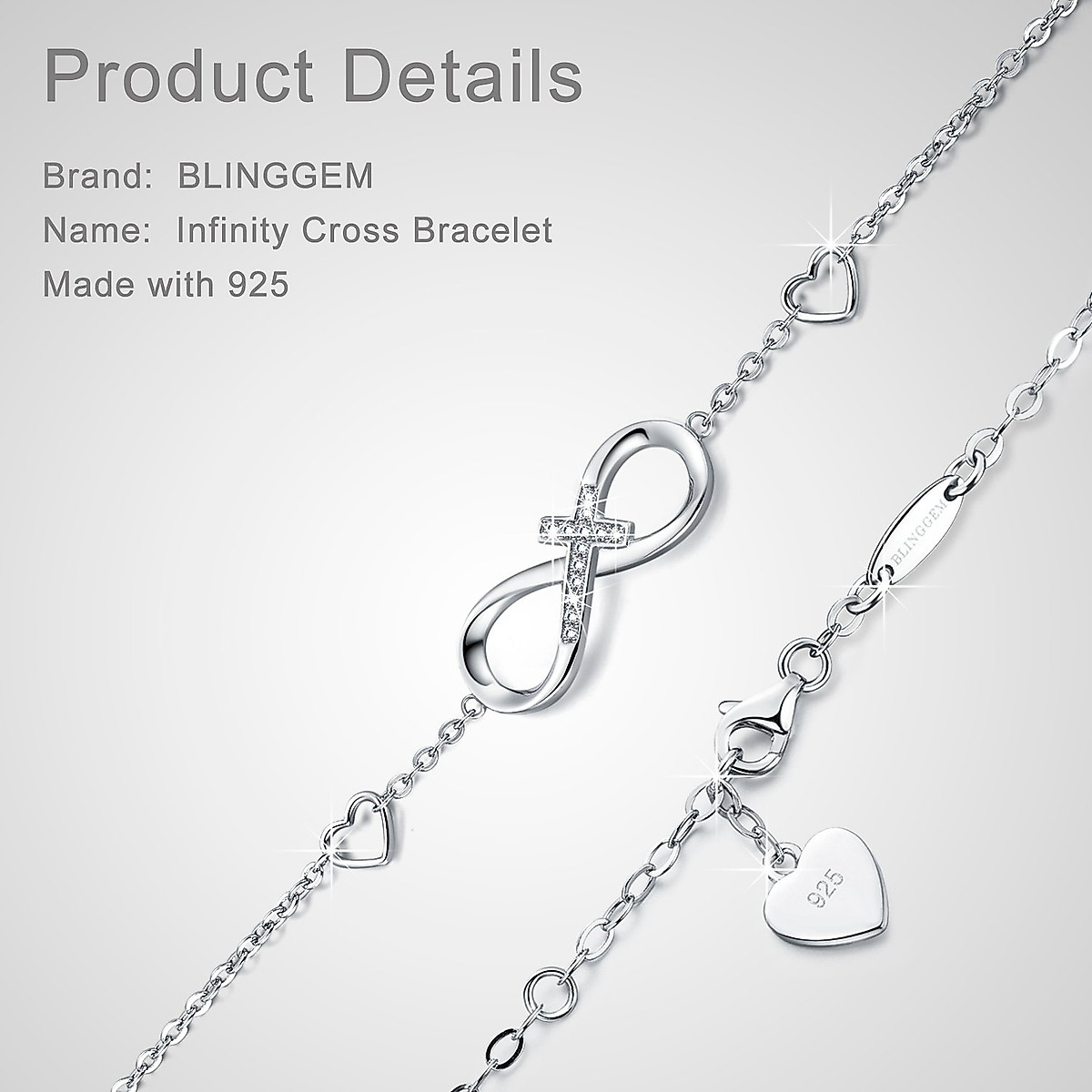 BlingGem Bracelet for Women Infinity Cross 925 Sterling Silver Cubic Zirconia Religious Cross Infinity Love Charm Bracelet Birthday Jewelry Gifts for Women Wife