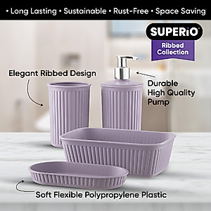 Superio Ribbed Collection - Decorative Plastic Bathroom Accessories Set, Lilac Purple (Set of 4) Soap Dish, Liquid Dispenser, Toothbrush Holder Cup, Vanity Organizer Tray - Bathroom Decor Gift