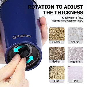 Qingrun electric salt or pepper grinder is provided with button control for grinding,battery-powered pepper mill,one-hand operation and white light.Adjustable roughness pepper grinder.Blue