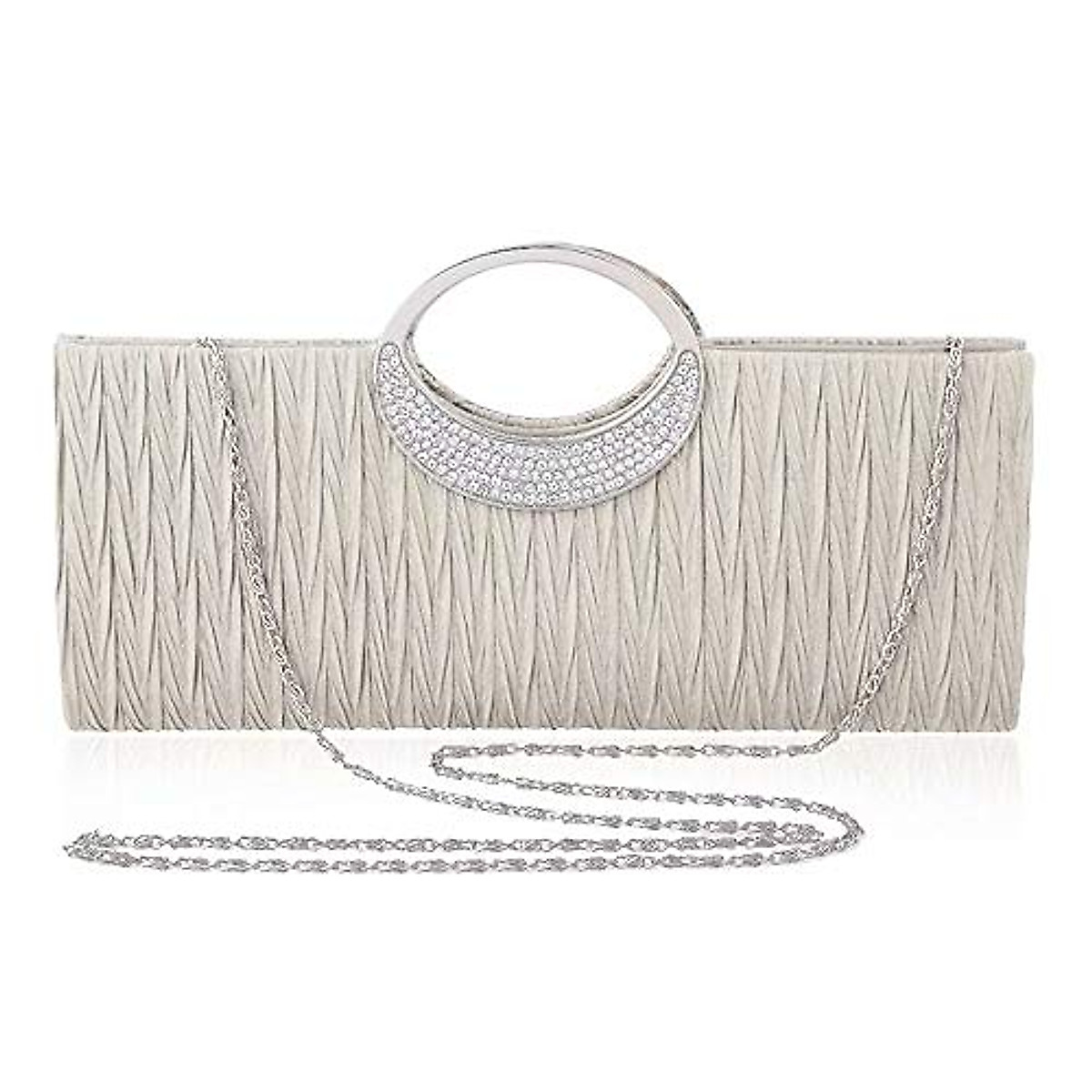 HOOLUCK Women's Rhinestone Satin Pleated Evening Bag Crystal Clutch Purse with Silver Chain Strap Champagne