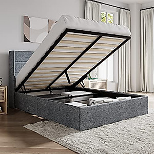 SHA CERLIN Queen Size Lift Up Storage Bed/Modern Wingback Headboard/Upholstered Platform Bed Frame/Hydraulic Storage/No Box Spring Needed/Wood Slats Support/Grey Blue