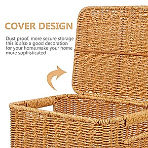 Zerodeko Baskets Woven Basket Wicker Basket Organizer with Lid Handwoven Seagrass Storage Bins Box Rectangular Plastic Basket Storage Organizer Wicker Basket for Home Office Shelf Storage Basket