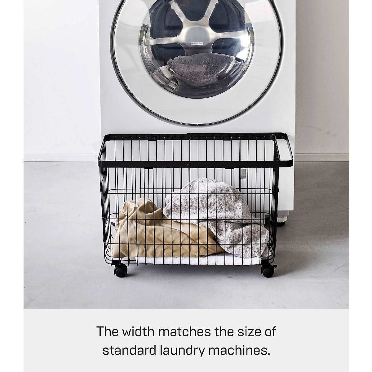 YAMAZAKI Home Small Rolling Laundry Basket Metal Hamper Cart with Wheels and Handle | Steel, One Size, Black