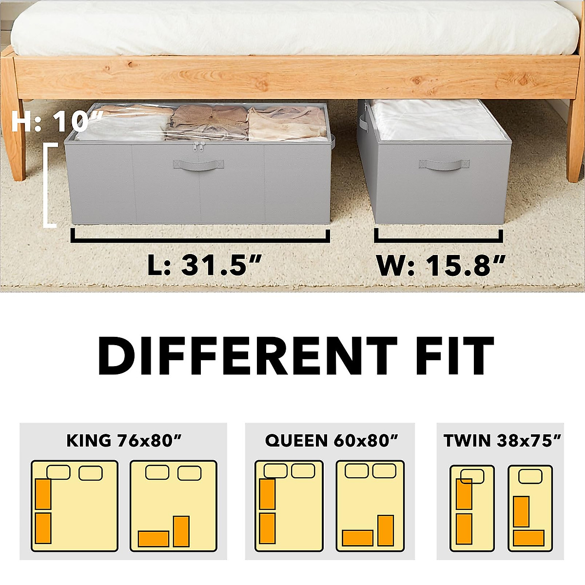 SpaceAid 2 Pack 10" High Under Bed Storage Containers, Large Underbed Storage Organizer Bins with Lids for Bedroom, Dorm, Clothes, Closet Organization, Bed Sheets and Blankets (Gray)