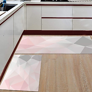Kitchen Mat Set 2 Piece Kitchen Rugs, Pink Grey Gradient Geometric Triangle, Soft Waterproof Non-Slip Rubber Backing Floor Mats Doormat Bathroom Runner Area Rug Carpet, 15.7x23.6in + 15.7x47.2in