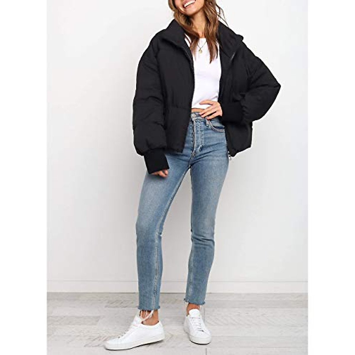 MEROKEETY Women's Winter Long Sleeve Zip Puffer Jacket Pockets Baggy Short Down Coats