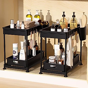 NUTSAAKK 2 Tier Under Sink Organizers and Storage, Upgraded Bathroom Organizer Under Sink, Kitchen Cabinet Organizer with Sliding Drawer, Kitchen Sink Organizer Black,for Women, Mothers Day