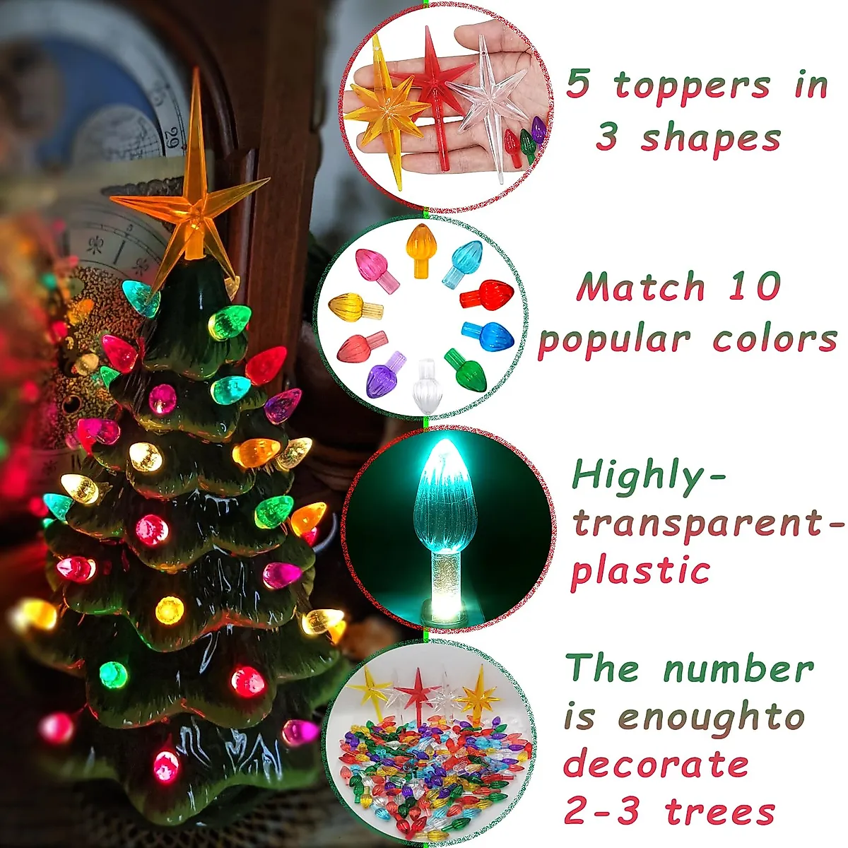 KonohaELF Ceramic Christmas Tree Replacement Lights/Bulbs, Ceramic Tree Medium Multicolor Twist Light Ornaments(117 Bulbs+5 Topper Star)