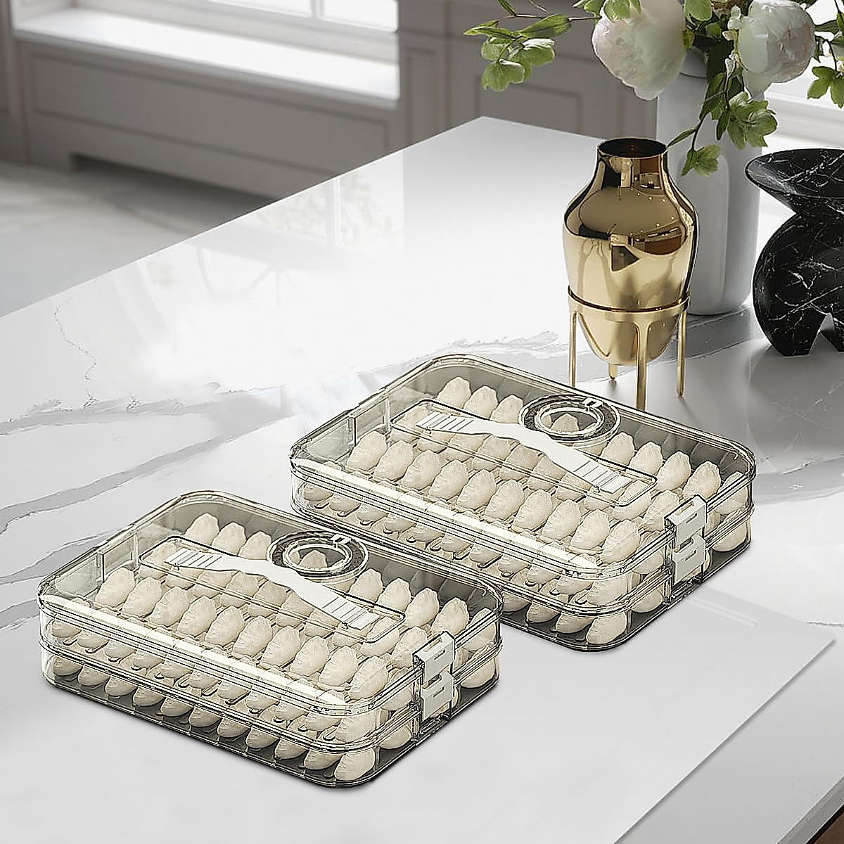 CheurYae 2-Layer Frozen Dumpling Storage with Lids, Food Storage Container, Stackable Food Storage Containers, Cookie Storage Containers, Good Sealing, for Kitchen and Fridge