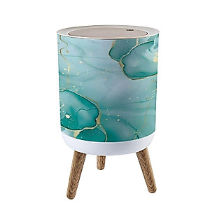 PHAIBHKERP Trash Can with Lid Pastel Cyan Mint Liquid Marble Watercolor Gold Lines Brush Garbage Can Round Waste Bin Press Cover Dog Proof Wastebasket for Kitchen Bathroom Living Room Nursery 1.8gal