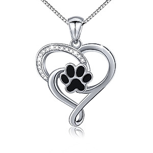 Ladytree S925 Sterling Silver Puppy Dog Cat Pet Paw Print Love Heart Pendant Necklace 18"