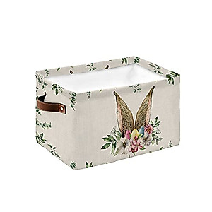 Easter Storage Bins with Handles, Rabbit Ears Eucalyptus Leaves Flower Burlap Storage Basket for Shelves, Cube Storage Organizer Bins for Toys, Closet (1 Pack, 15" x 11" x 9.5")