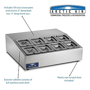 Arctic Air ACP8SQ 27.5" Compact Refrigerated Countertop Prep Unit with 8 1/6 Stainless Pans and Covers, Silver, 115v
