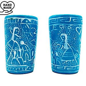 Casa Fiesta Designs Colorful Mexican Shot Glasses, Hand-painted in Mexico - Great for Tequila, Mezcal and Sangrita, 2 oz - Tequilero Historias (Pack of 2) (Turquoise)