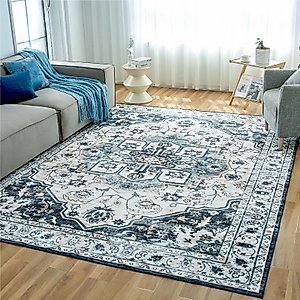 OIGAE Washable Rug 6x9, Vintage Medallion Entryway Rug Door Mat with Non-Slip Backing, Front Entrance Carpet for Entrance Bedroom Bedside Kitchen Laundry Home Decor, Blue