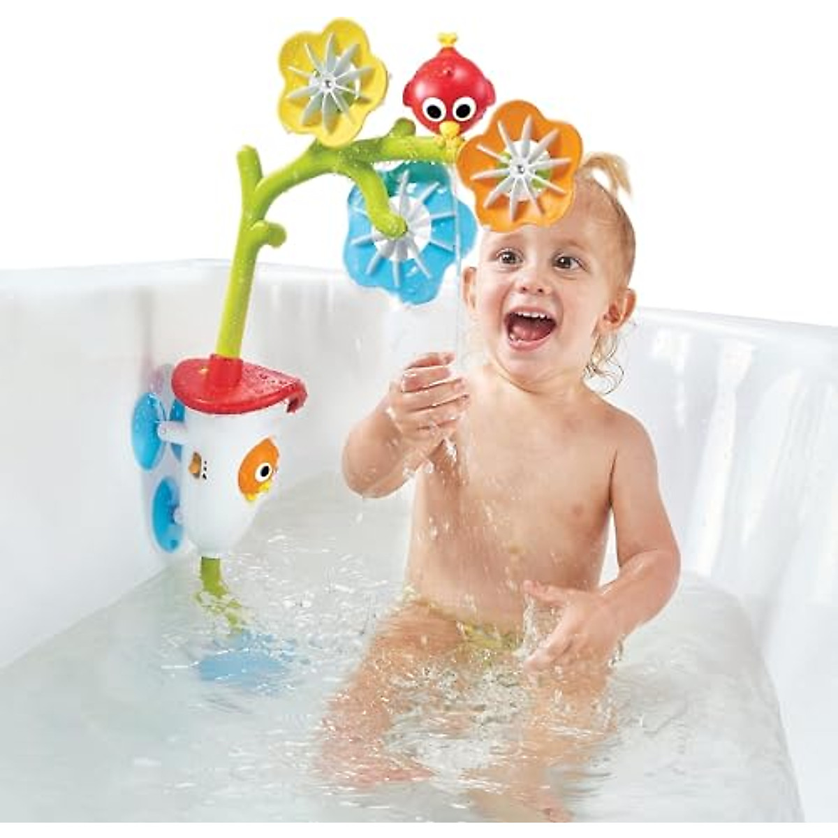 Yookidoo Baby Bath Mobile - Spinning Flowers and Swiveling Fountain for Newborn and Toddler Bath Time Sensory Development (Tub Not Included) - Attaches to Any Size Tub Wall - 0-2 yrs.
