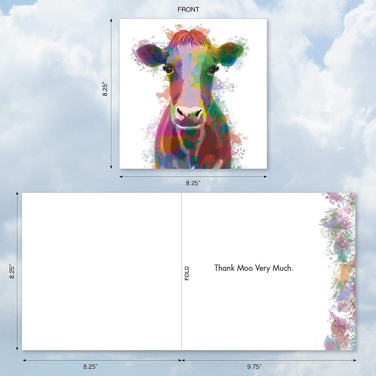 The Best Card Company - 1 Large Thank You Card (8.5 x 11 Inch) - Animal Stationery Greeting, Cute Kids Gratitude Card - Funky Rainbow Wildlife Cow JQ4948ETYG