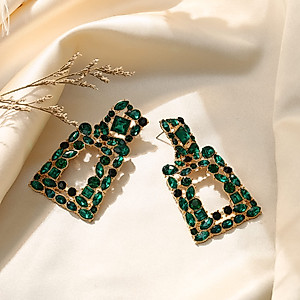 Flyonce Green Earrings for Women, Emerald Green Rhinestone Wedding Party Costume Statement Rectangle Dangle Geometric Earrings Gold-Tone