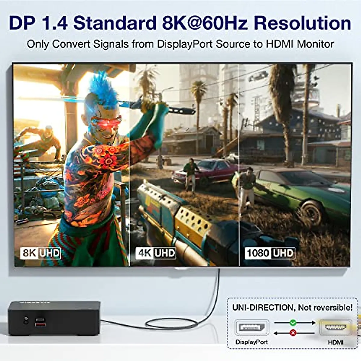 8K@60Hz DisplayPort to HDMI Cable 6.6ft, DP 1.4a to HDMI 2.1 Video Cord, Support 8K, 4K@120Hz/144Hz, 2K@240Hz, VRR, HDR, Dolby Vision, HDCP 2.3, DSC 1.2a for PC, HP, ASUS, DELL, GPU, AMD, NVIDIA