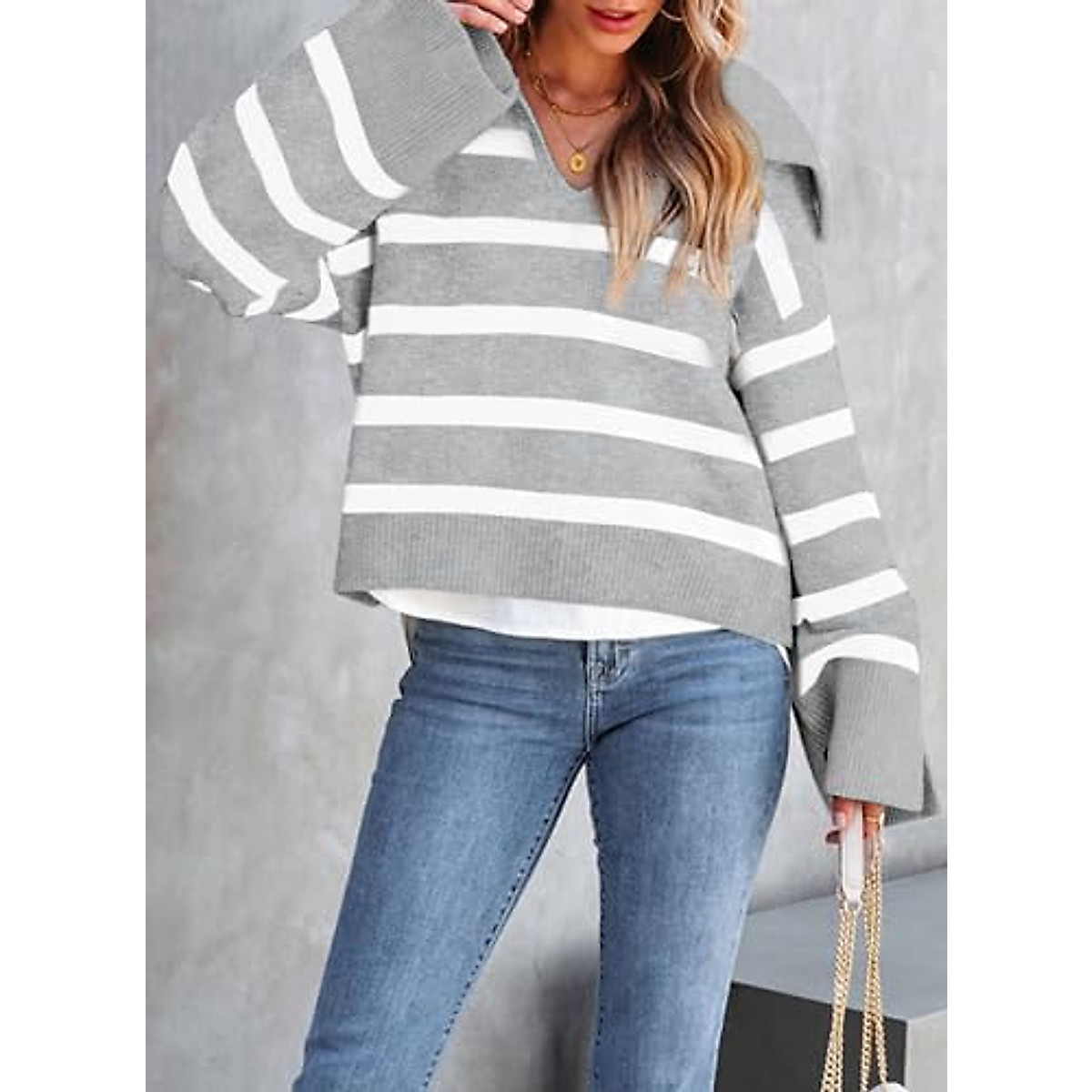 Dokotoo Fall Tops for Women 2023 Trendy Long Sleeve Knitted Striped Autumn Ladies Fashion Pullover Cashmere Sweaters Gray