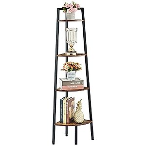 Hoctieon Corner Shelf, 4-Tier Corner Bookshelf, Rustic Corner Ladder Shelf, Industrial Display Shelf for Living Room, Kitchen, Home Office, Balcony, Small Space, Metal Frame, Rustic Brown