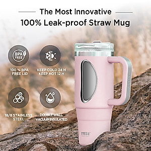 TYESO 30 oz Tumbler with Handle, Straw and Lid - Leak Resistant Insulated Stainless Steel Water Bottle, Car Cup Holder Friendly Travel Coffee Mug Pink - Gifts for Men & Women