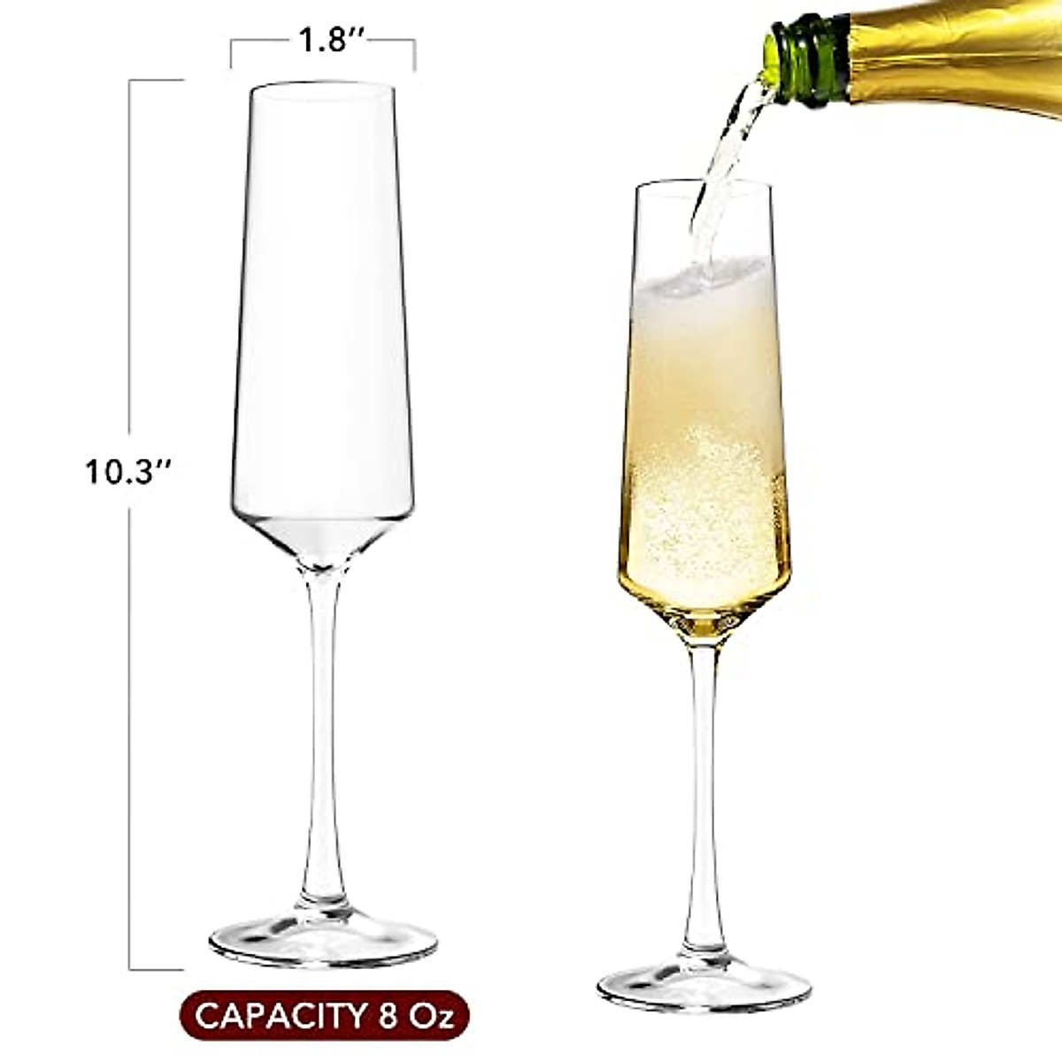 Chouggo Champagne Flutes Glass Set of 6, Hand Blown Glasses - Hand Crafted by Artisans - Premium Crystal - Gift for Birthday, Wedding, Anniversary, Christmas - 8oz, Clear