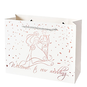 Crisky Welcome to Our Wedding Gift Bags for Hotel Guests, 25 Pcs, White Bag & Rose Gold Foil Text
