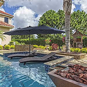 PHI VILLA 15ft Large Patio Umbrella with Solar Lights, Double-Sided Outdoor Market Rectangle Umbrellas with 36 LED Lights, Umbrella Base (Stand) Included, Navy Blue