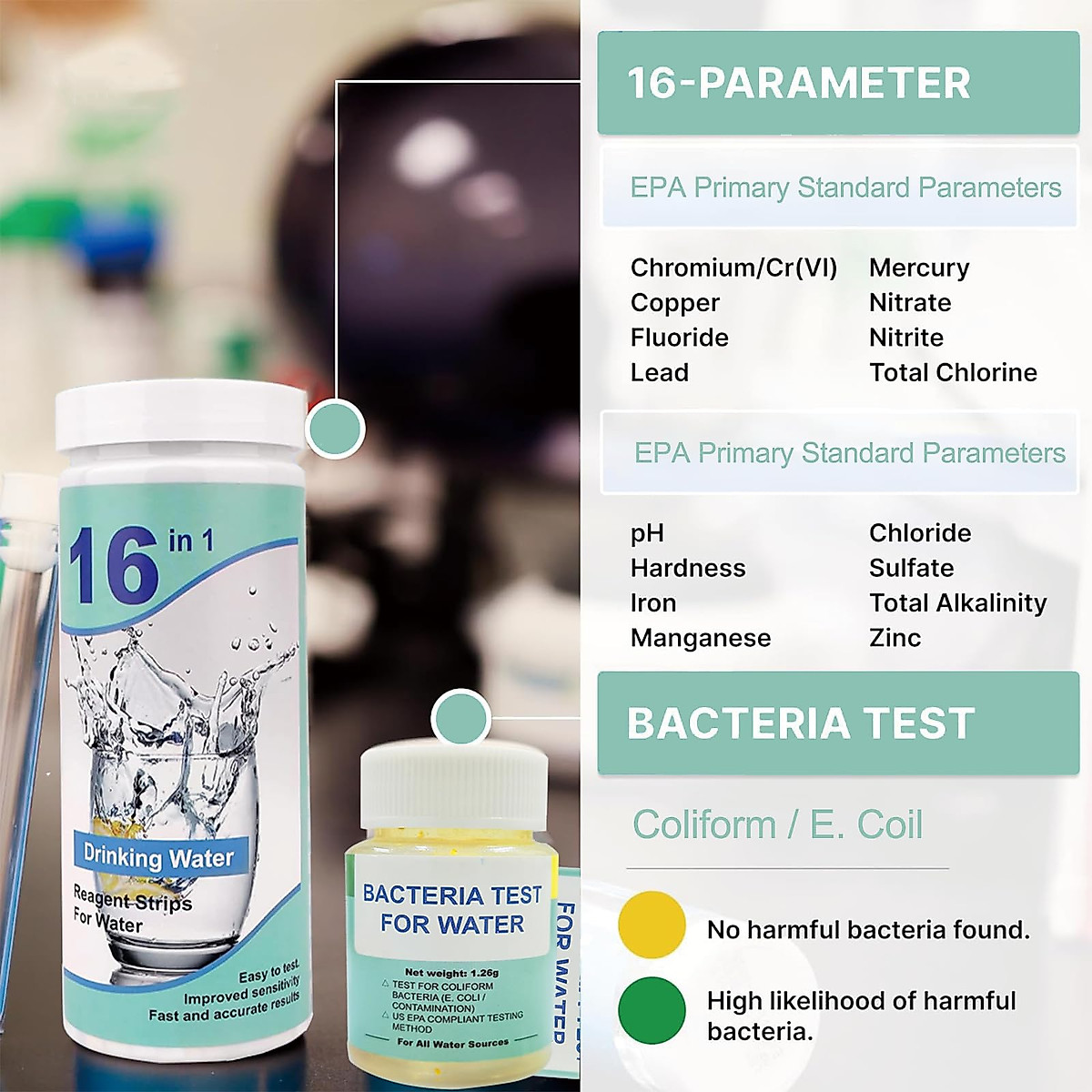 17 in 1 Complete Drinking Water Test Kit 100 Strips + 2 Bacteria Home Texter Kits - Well, Tap, Home, City Water Testing Strip for Lead, Alkaline, Chlorine, Hardness, Iron, Fluoride, Copper & More